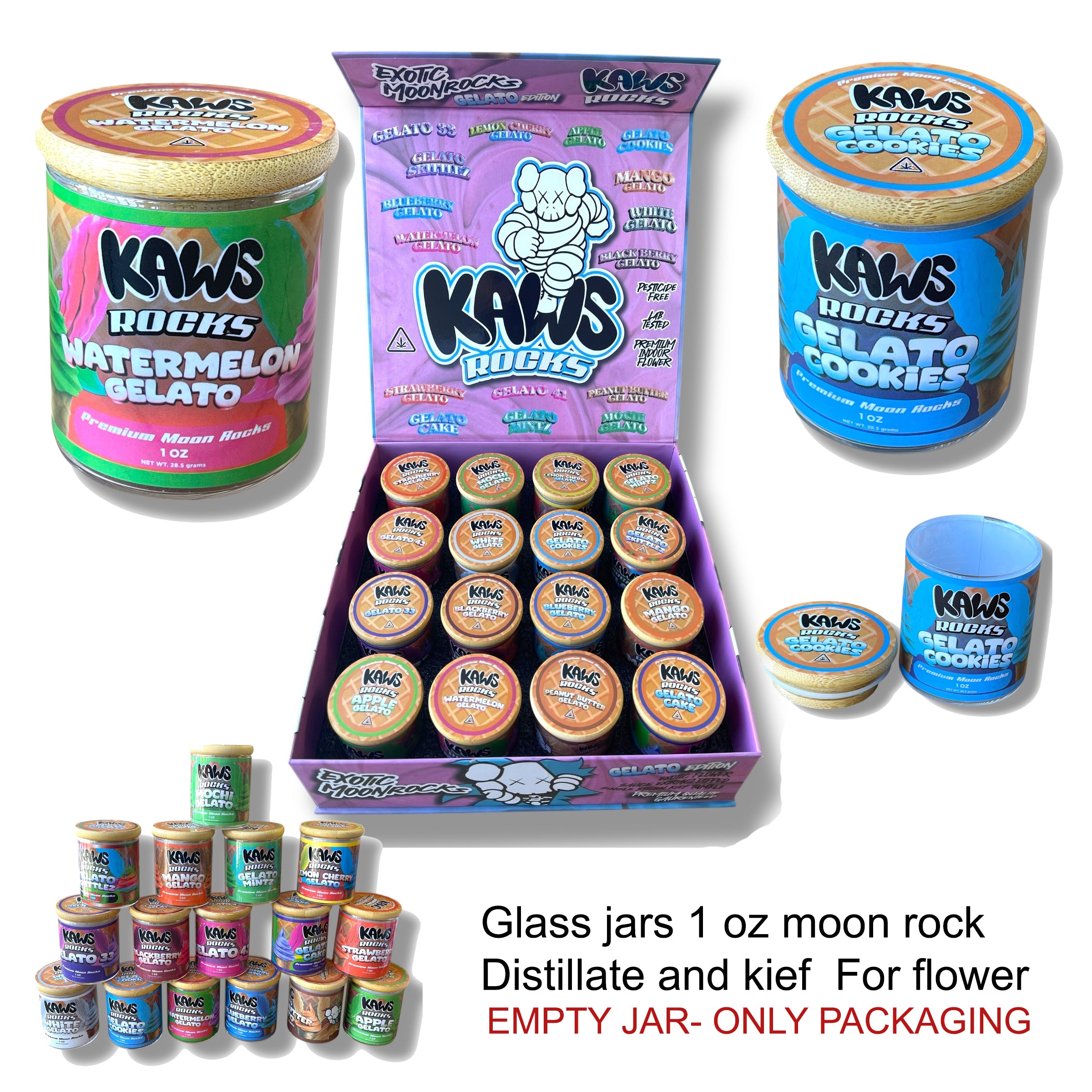 Kawz Moon Rocks Gelato Edition 1oz Glass Jars - Varity Pack 16 Strains ...